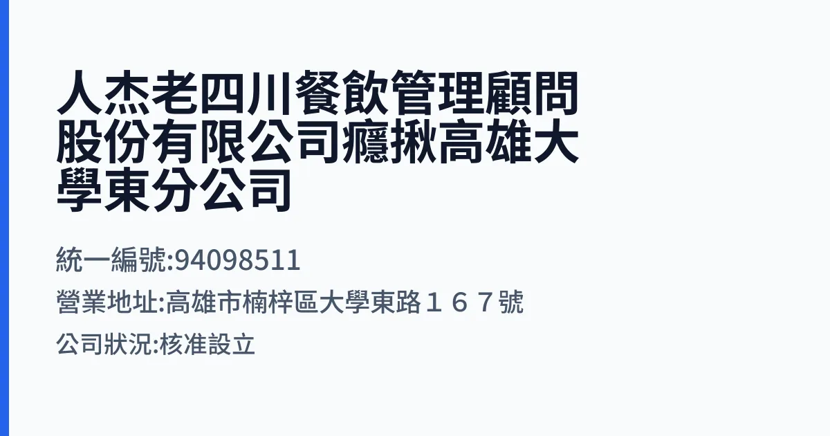 人杰老四川餐飲管理顧問股份有限公司癮揪高雄大學東分公司 - 統編 94098511(高雄市) 公司登記資料與營業項目詳細圖表