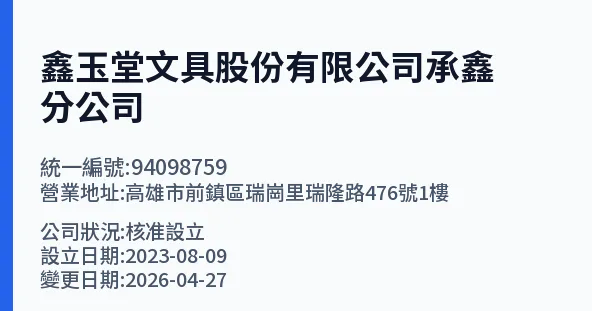 鑫玉堂文具股份有限公司承鑫分公司的照片-統編 94098759(高雄市) 公司登記資料與營業項目詳細圖表