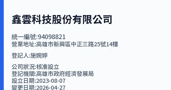 鑫雲科技股份有限公司的照片-統編 94098821(高雄市) 公司登記資料與營業項目詳細圖表