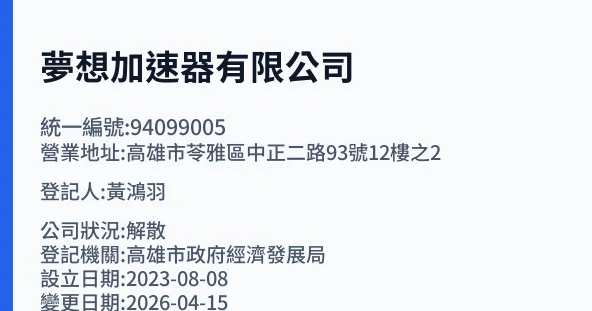 夢想加速器有限公司的照片-統編 94099005(高雄市) 公司登記資料與營業項目詳細圖表