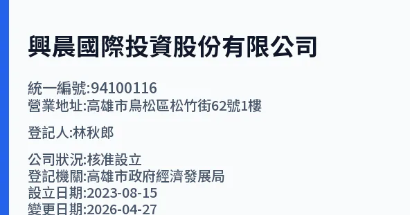 興晨國際投資股份有限公司的照片-統編 94100116(高雄市) 公司登記資料與營業項目詳細圖表