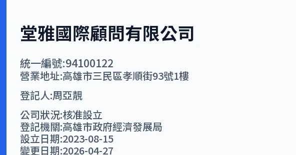 堂雅國際顧問有限公司的照片-統編 94100122(高雄市) 公司登記資料與營業項目詳細圖表