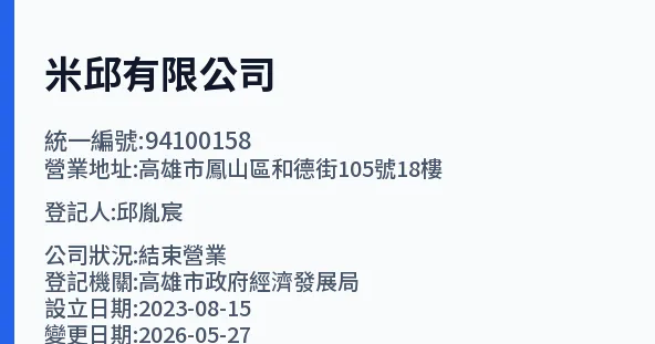 米邱有限公司的照片-統編 94100158(高雄市) 公司登記資料與營業項目詳細圖表