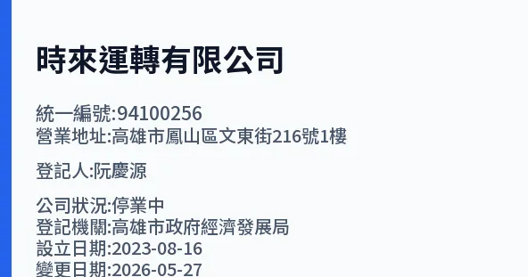 時來運轉有限公司的照片-統編 94100256(高雄市) 公司登記資料與營業項目詳細圖表