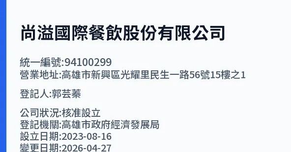 尚溢國際餐飲股份有限公司的照片-統編 94100299(高雄市) 公司登記資料與營業項目詳細圖表
