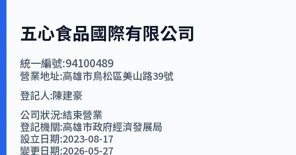 五心食品國際有限公司的照片-統編 94100489(高雄市) 公司登記資料與營業項目詳細圖表