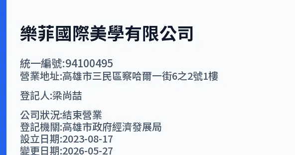 樂菲國際美學有限公司的照片-統編 94100495(高雄市) 公司登記資料與營業項目詳細圖表
