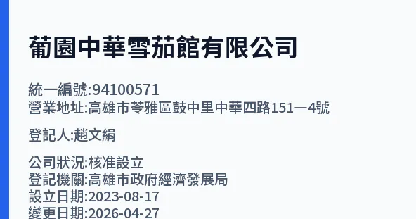 葡園中華雪茄館有限公司的照片-統編 94100571(高雄市) 公司登記資料與營業項目詳細圖表