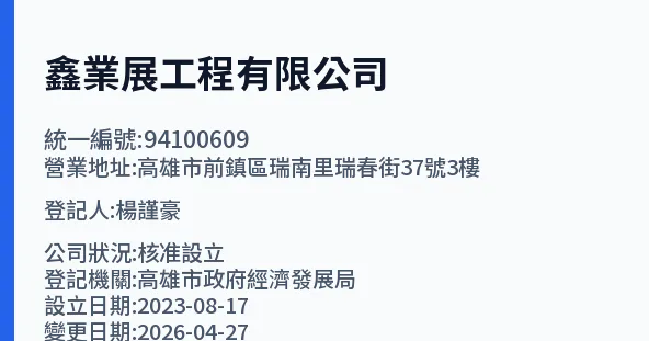 鑫業展工程有限公司的照片-統編 94100609(高雄市) 公司登記資料與營業項目詳細圖表