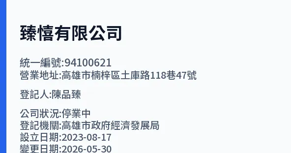 臻憘有限公司的照片-統編 94100621(高雄市) 公司登記資料與營業項目詳細圖表