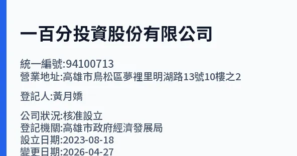 一百分投資股份有限公司的照片-統編 94100713(高雄市) 公司登記資料與營業項目詳細圖表