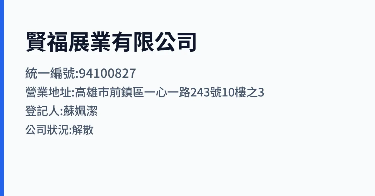 賢福展業有限公司 - 統編 94100827(高雄市) 公司登記資料與營業項目詳細圖表