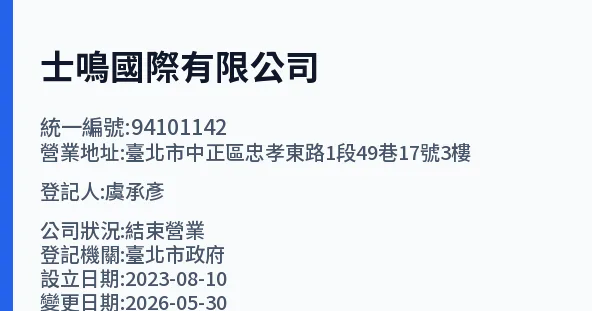士鳴國際有限公司的照片-統編 94101142(臺北市) 公司登記資料與營業項目詳細圖表