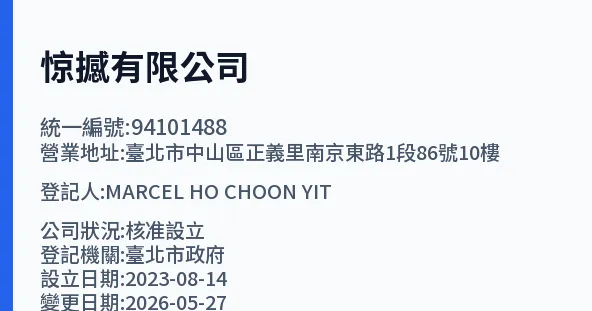 惊撼有限公司的照片-統編 94101488(臺北市) 公司登記資料與營業項目詳細圖表