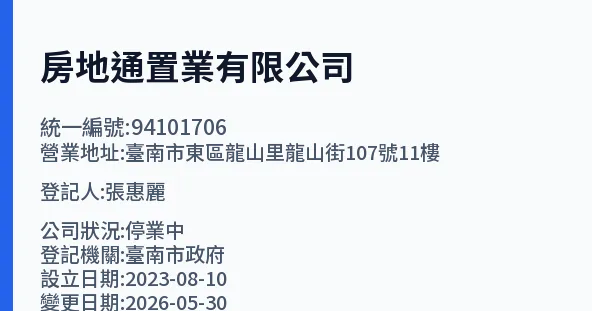 房地通置業有限公司的照片-統編 94101706(臺南市) 公司登記資料與營業項目詳細圖表