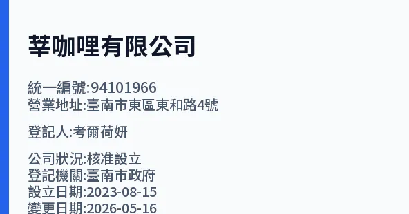 莘咖哩有限公司的照片-統編 94101966(臺南市) 公司登記資料與營業項目詳細圖表
