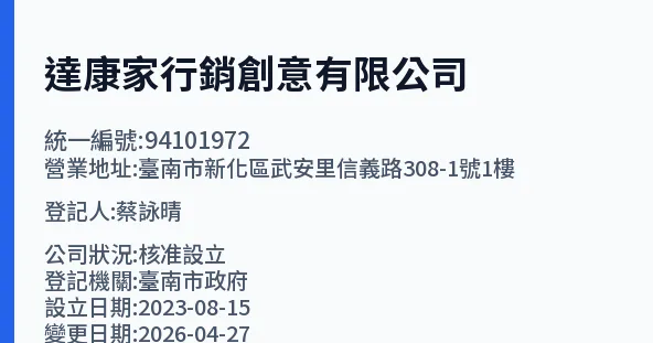 達康家行銷創意有限公司的照片-統編 94101972(臺南市) 公司登記資料與營業項目詳細圖表