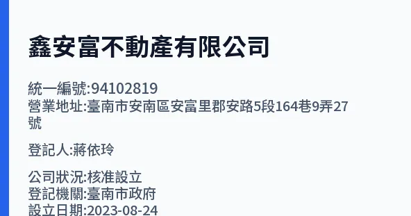 鑫安富不動產有限公司的照片-統編 94102819(臺南市) 公司登記資料與營業項目詳細圖表