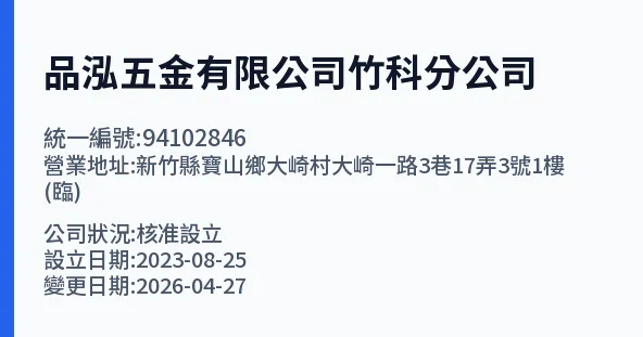 品泓五金有限公司竹科分公司的照片-統編 94102846(新竹縣) 公司登記資料與營業項目詳細圖表