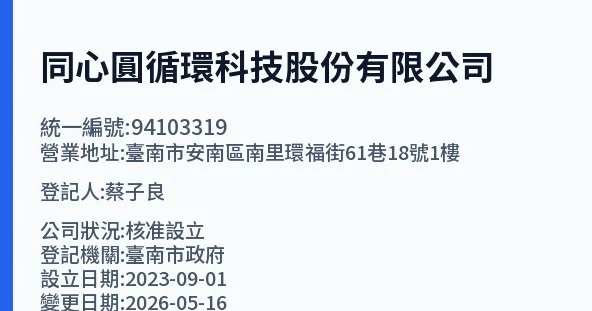 同心圓循環科技股份有限公司的照片-統編 94103319(臺南市) 公司登記資料與營業項目詳細圖表