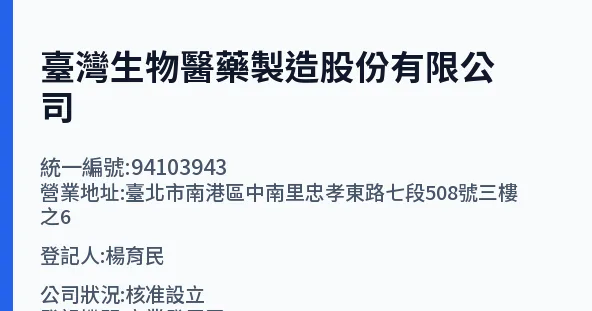 臺灣生物醫藥製造股份有限公司的照片-統編 94103943(臺北市) 公司登記資料與營業項目詳細圖表