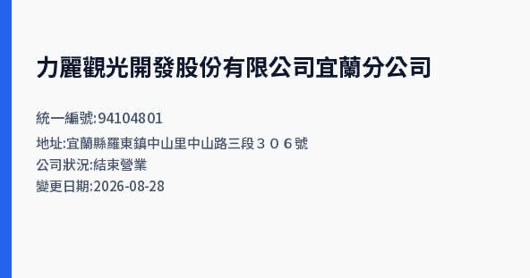 力麗觀光開發股份有限公司宜蘭分公司的照片-統編 94104801(宜蘭縣) 公司登記資料與營業項目詳細圖表