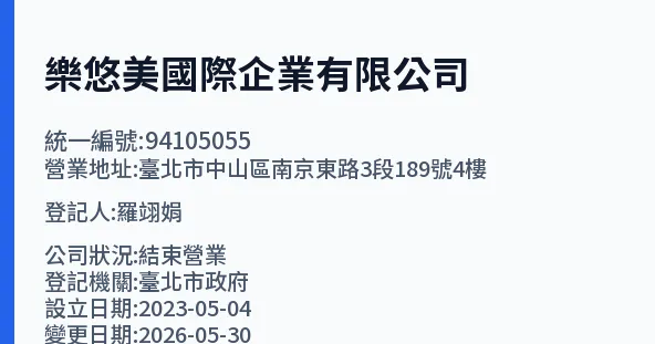 樂悠美國際企業有限公司的照片-統編 94105055(臺北市) 公司登記資料與營業項目詳細圖表