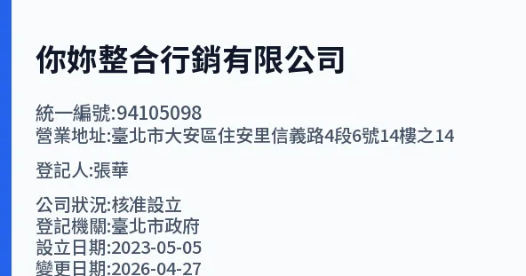 你妳整合行銷有限公司的照片-統編 94105098(臺北市) 公司登記資料與營業項目詳細圖表