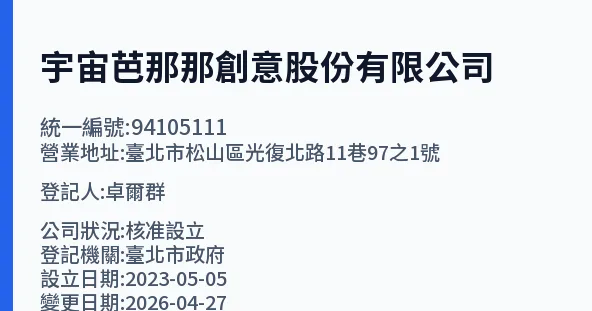 宇宙芭那那創意股份有限公司的照片-統編 94105111(臺北市) 公司登記資料與營業項目詳細圖表
