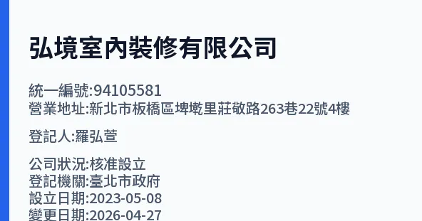 弘境室內裝修有限公司的照片-統編 94105581(新北市) 公司登記資料與營業項目詳細圖表