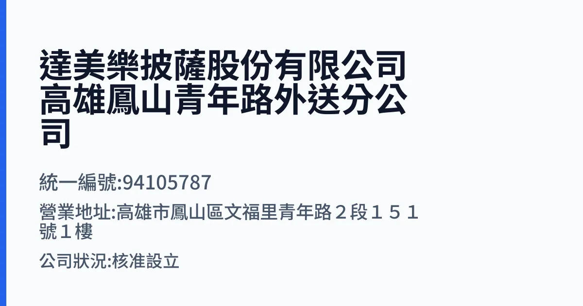達美樂披薩股份有限公司高雄鳳山青年路外送分公司 - 統編 94105787(高雄市) 公司登記資料與營業項目詳細圖表