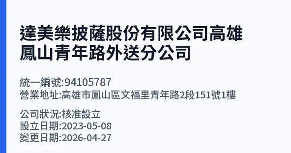 達美樂披薩股份有限公司高雄鳳山青年路外送分公司的照片-統編 94105787(高雄市) 公司登記資料與營業項目詳細圖表