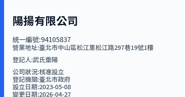 陽揚有限公司的照片-統編 94105837(臺北市) 公司登記資料與營業項目詳細圖表