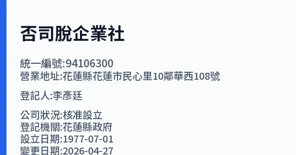 否司脫企業社的照片-統編 94106300(花蓮縣) 公司登記資料與營業項目詳細圖表