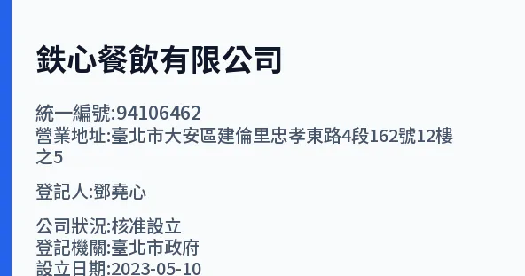 鉄心餐飲有限公司的照片-統編 94106462(臺北市) 公司登記資料與營業項目詳細圖表