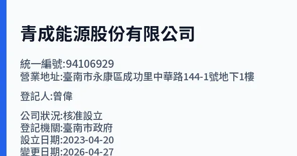 青成能源股份有限公司的照片-統編 94106929(臺南市) 公司登記資料與營業項目詳細圖表