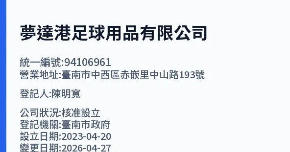 夢達港足球用品有限公司的照片-統編 94106961(臺南市) 公司登記資料與營業項目詳細圖表