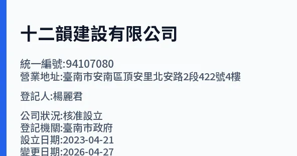 十二韻建設有限公司的照片-統編 94107080(臺南市) 公司登記資料與營業項目詳細圖表