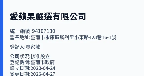 愛蘋果嚴選有限公司的照片-統編 94107130(臺南市) 公司登記資料與營業項目詳細圖表