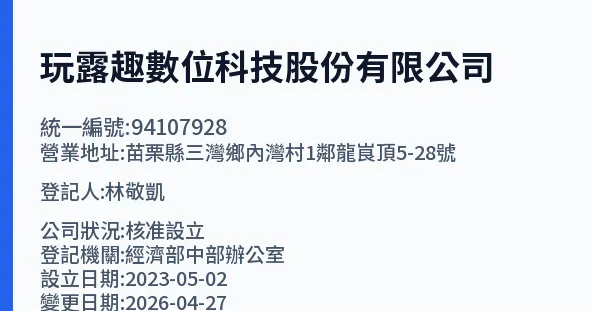 玩露趣數位科技股份有限公司的照片-統編 94107928(苗栗縣) 公司登記資料與營業項目詳細圖表