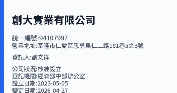 創大實業有限公司的照片-統編 94107997(基隆市) 公司登記資料與營業項目詳細圖表