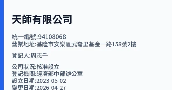 天師有限公司的照片-統編 94108068(基隆市) 公司登記資料與營業項目詳細圖表