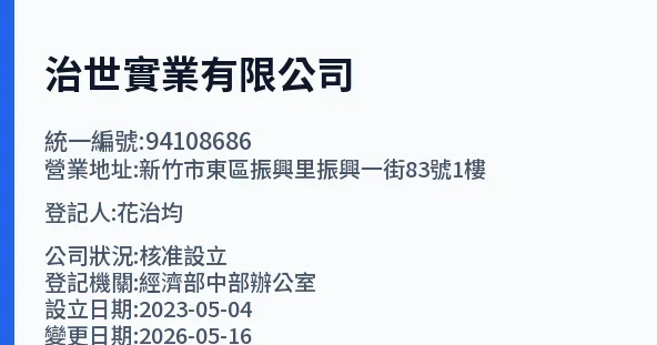 治世實業有限公司的照片-統編 94108686(新竹市) 公司登記資料與營業項目詳細圖表