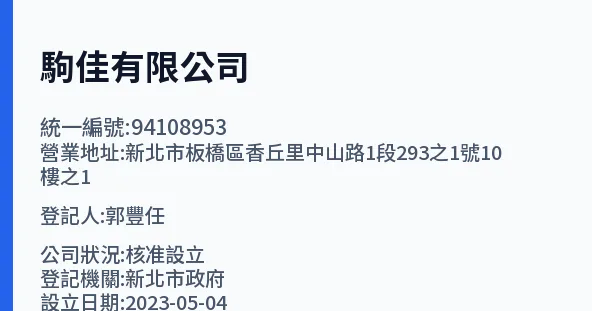 駒佳有限公司的照片-統編 94108953(新北市) 公司登記資料與營業項目詳細圖表