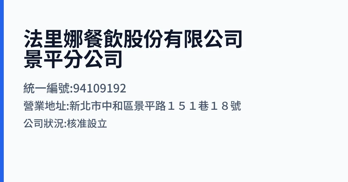 法里娜餐飲股份有限公司景平分公司 - 統編 94109192(新北市) 公司登記資料與營業項目詳細圖表