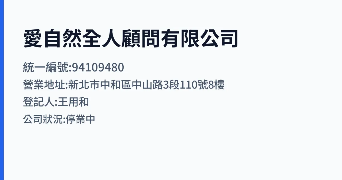 愛自然全人顧問有限公司 - 統編 94109480(新北市) 公司登記資料與營業項目詳細圖表