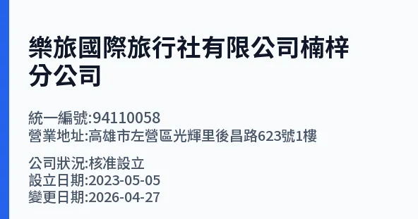樂旅國際旅行社有限公司楠梓分公司的照片-統編 94110058(高雄市) 公司登記資料與營業項目詳細圖表