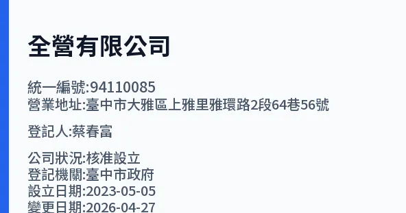 全營有限公司的照片-統編 94110085(臺中市) 公司登記資料與營業項目詳細圖表