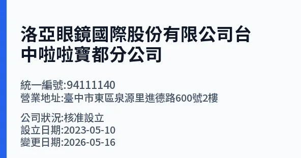 洛亞眼鏡國際股份有限公司台中啦啦寶都分公司的照片-統編 94111140(臺中市) 公司登記資料與營業項目詳細圖表