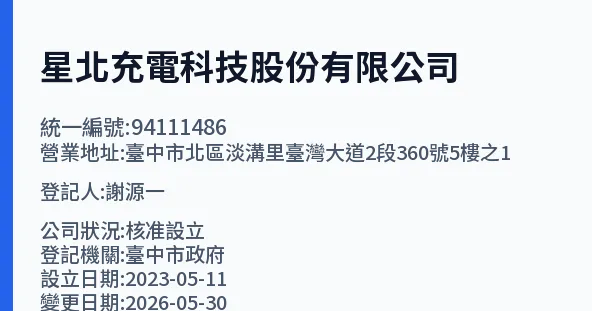 星北充電科技股份有限公司的照片-統編 94111486(臺中市) 公司登記資料與營業項目詳細圖表